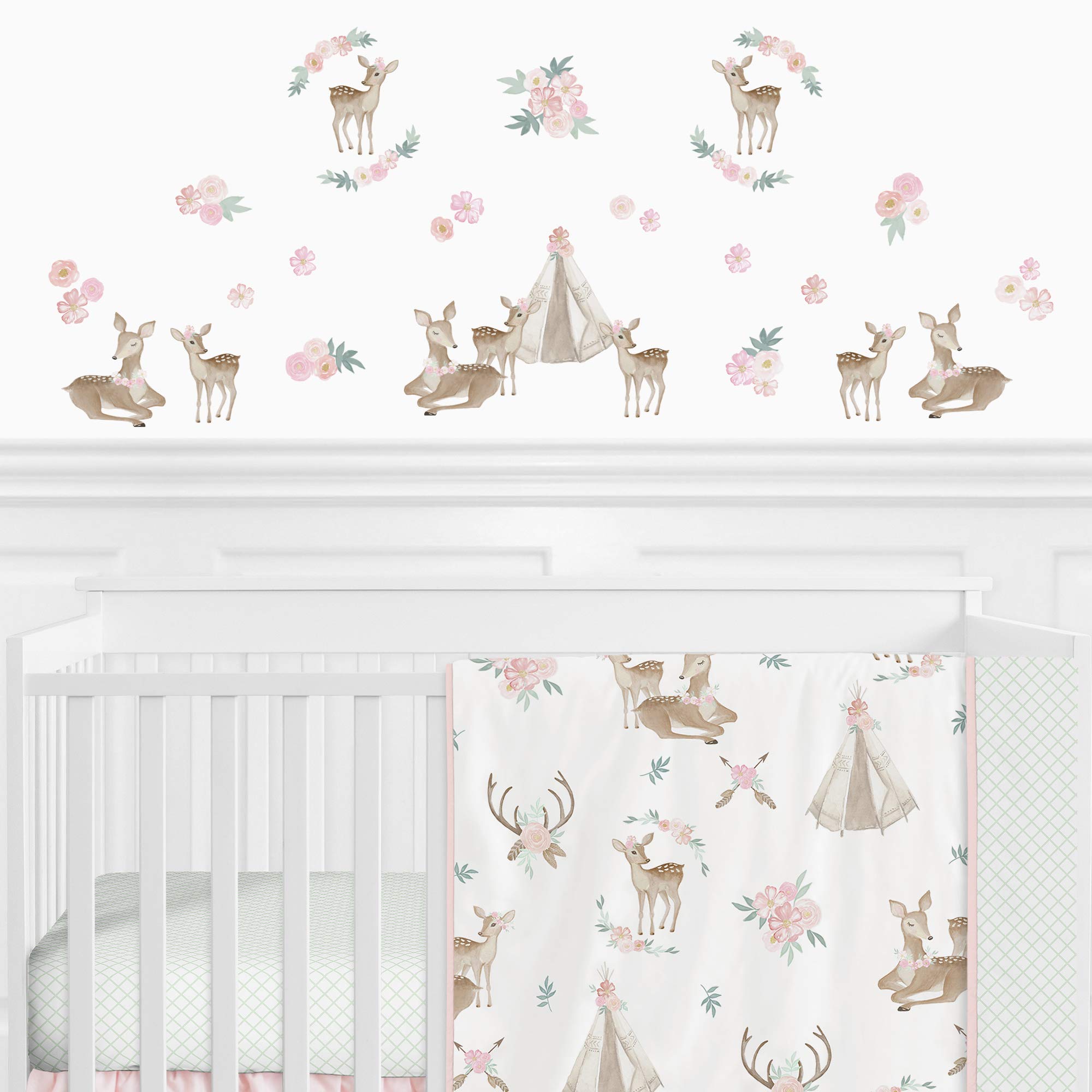 Boho Woodland Deer Floral Peel and Stick Wall Decal Stickers Art Nursery Decor by Sweet Jojo Designs - Set of 4 Sheets - Blush Pink, Mint Green and White