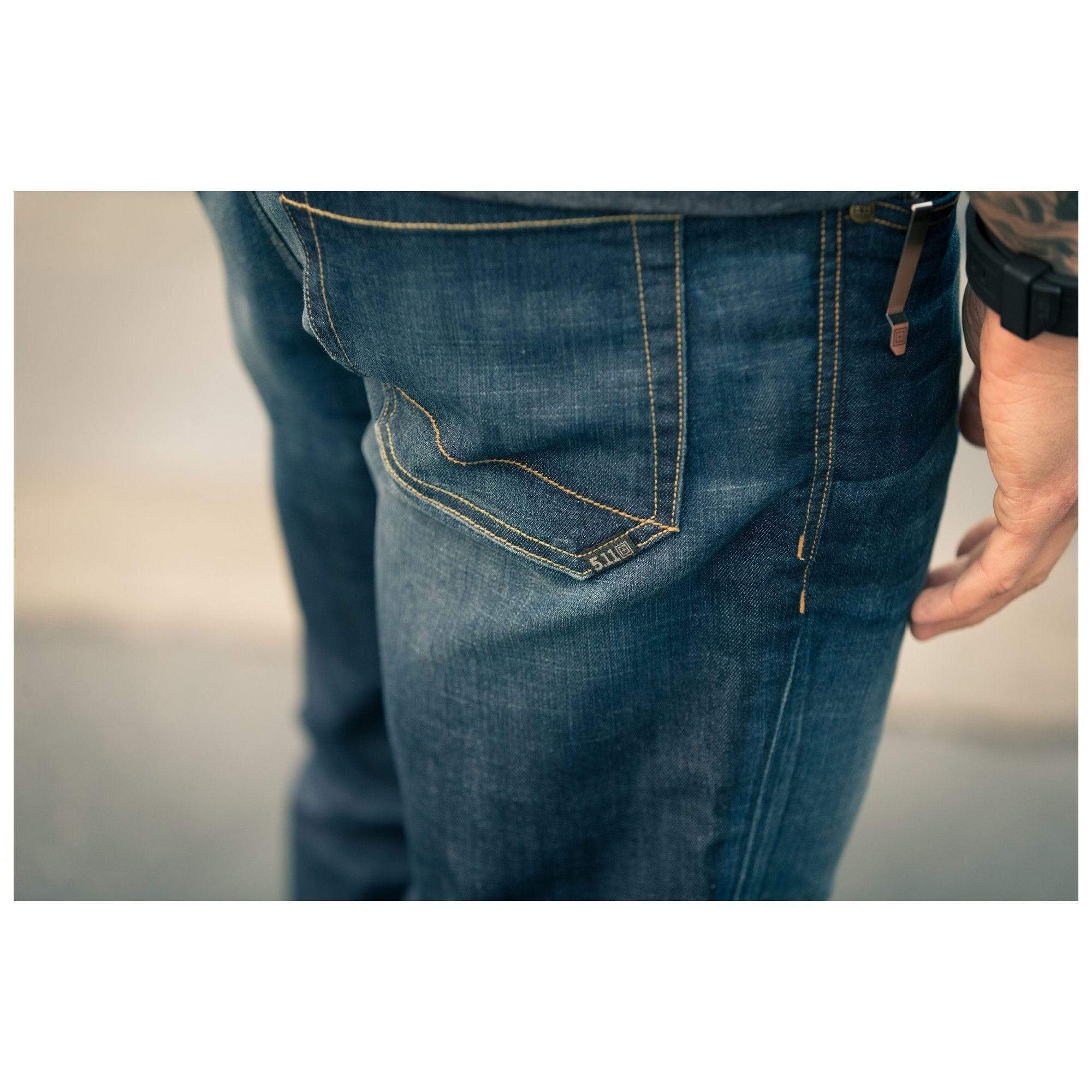 5.11 Tactical Mens Defender-Flex Slim Fit Jeans, Bar Tack Construction, Utility Pockets, Dark Wash Indigo, 38x30, Style 74465