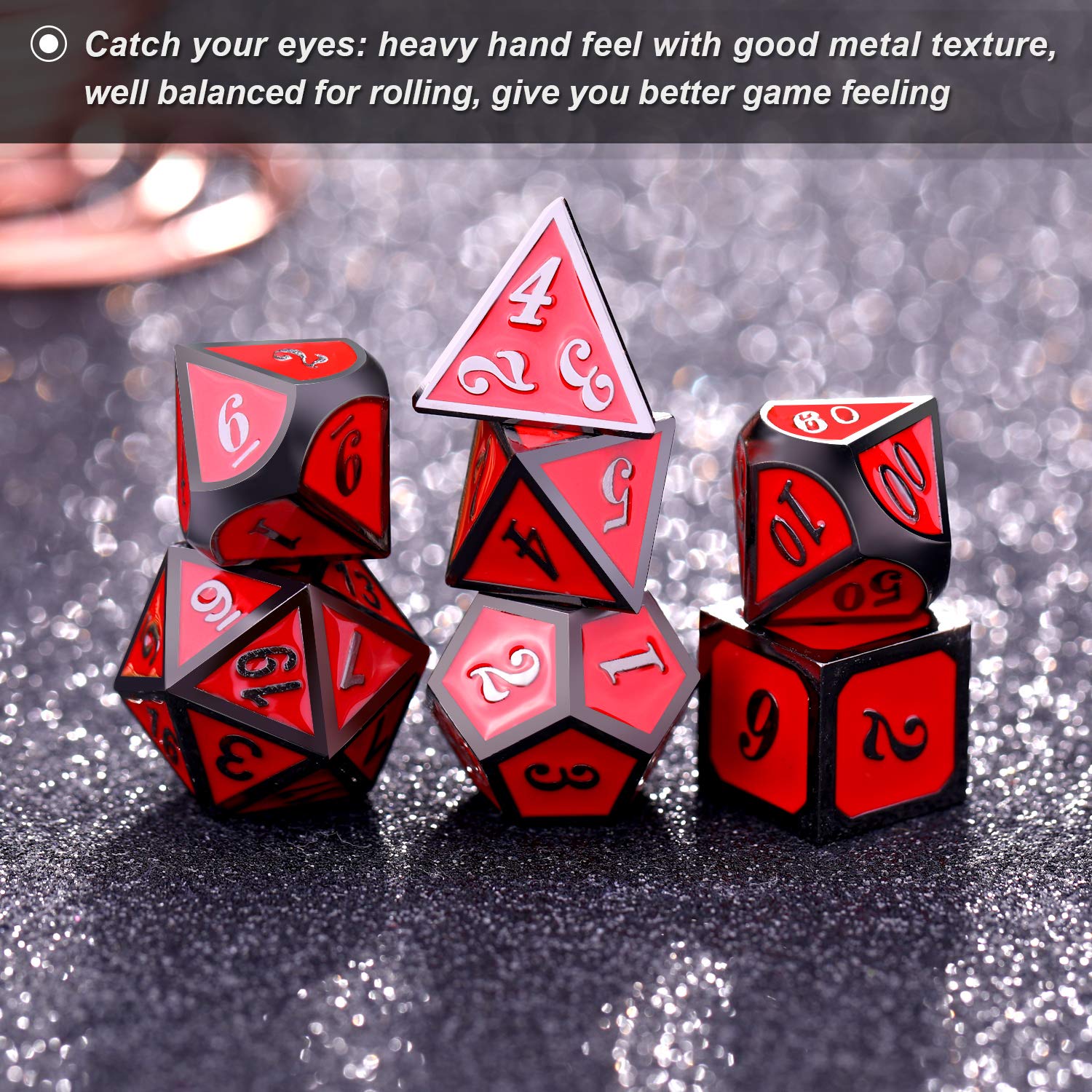 Bememo Polyhedral Metal Dices Set Zinc Alloy with Enamel Solid Metal Compatible with DND Game, Tabletop RPG, Dungeons and Dragons, Math Teaching, 7 Pieces Dice Set with Black Velvet Bag (Black Red)