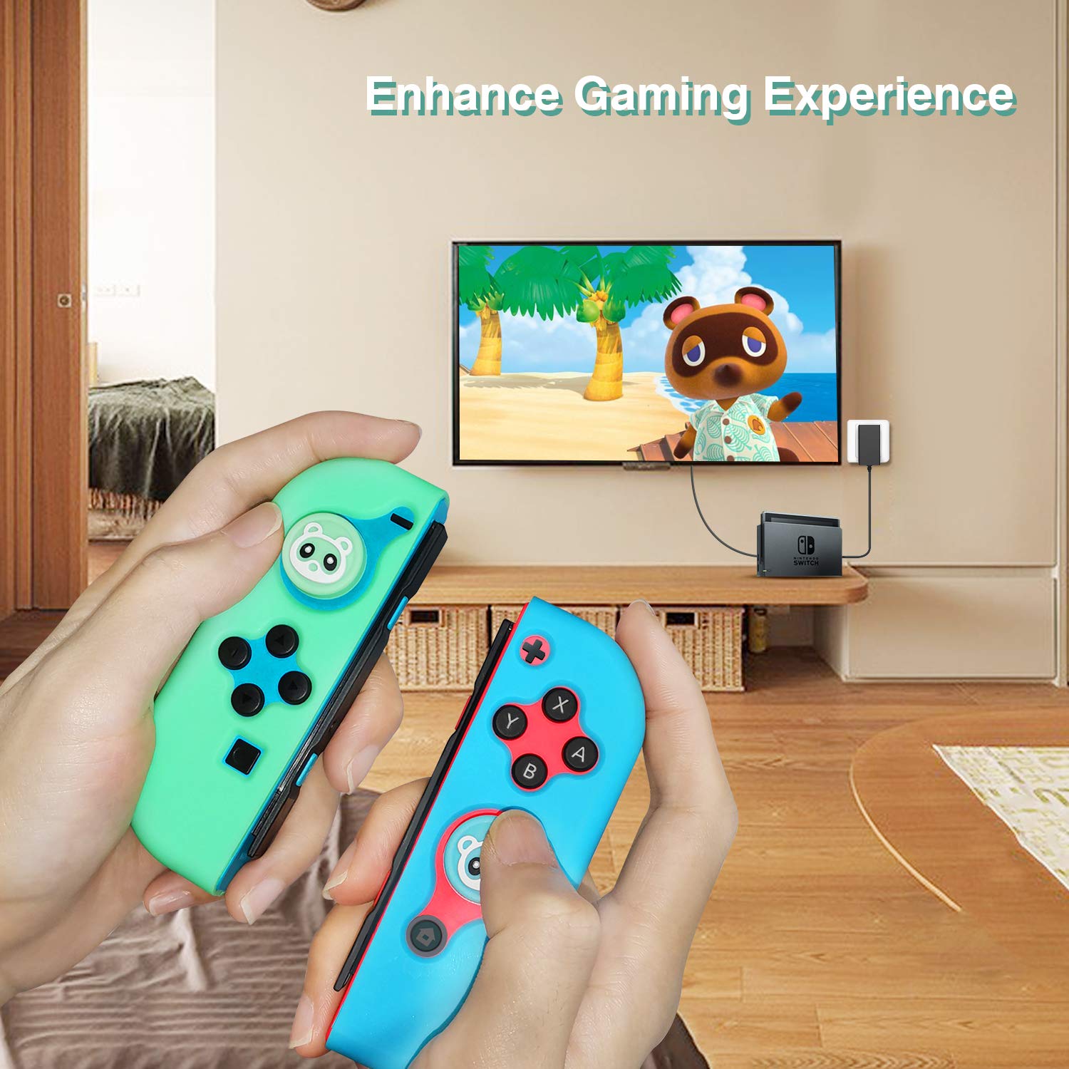 6amLifestyle 4 Pack Thumb Grip Caps with 2 Pack JoyCon Silicone Cover for Nintendo Switch, Blue& Green Joy-Con Controller Gel Guards with Raccoon Flower Cute Joystick Caps