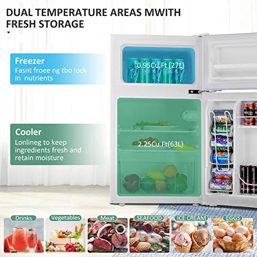 Hysache 3.2 cu ft ompact Refrigerator, Double Door Mini Fridge w/Removable Glass Shelves, Mechanical Control & Angle LED Light, Energy Saving Separate Freezer for Home, Office & Dorm (White)