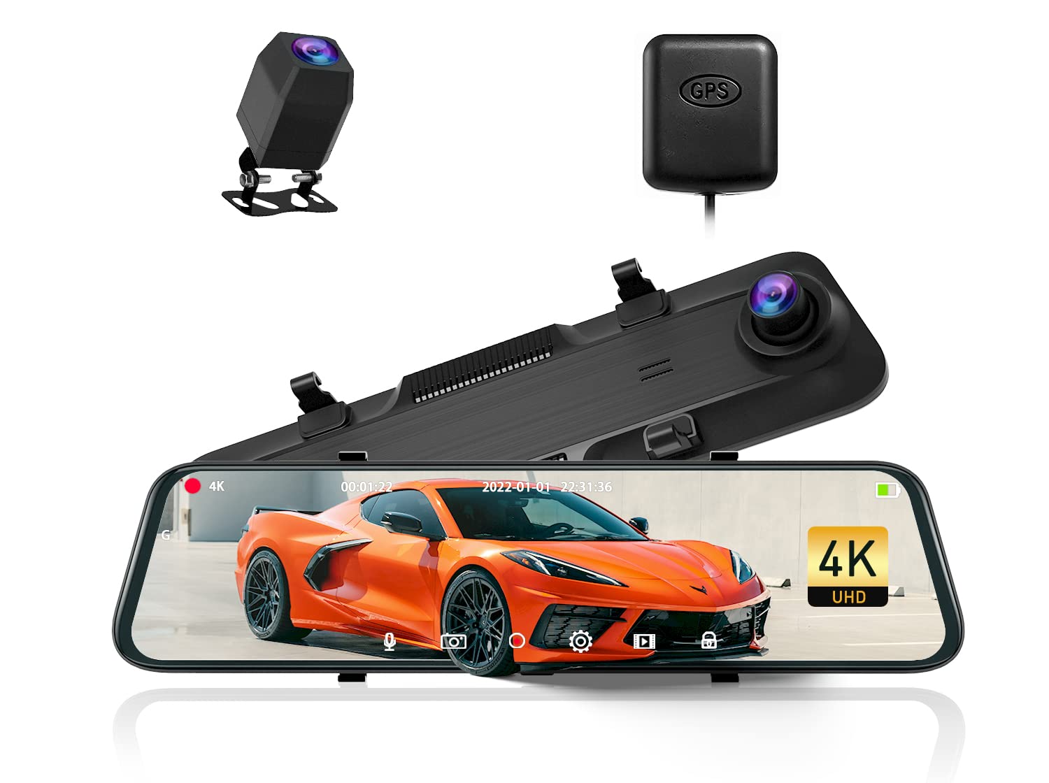 4K Mirror Dash Cam, 12" Dash Cam Front and Rear 4K+1080P Backup Camera, Rearview Mirror Camera with Touch Screen, Voice Control, Night Vision, Parking Monitor Dual Dash Camera for Cars