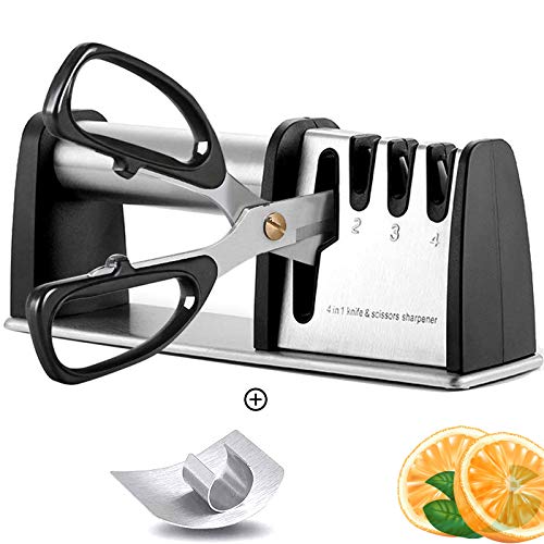 Knife Sharpeners, Best 4 in 1 Manual Kitchen Knives & Scissor Sharpeners, 4 - Stage Knife Sharpening System with Diamond Steel, Ceramic Stone, Ergonomic Design, Non-slip Base(Black)