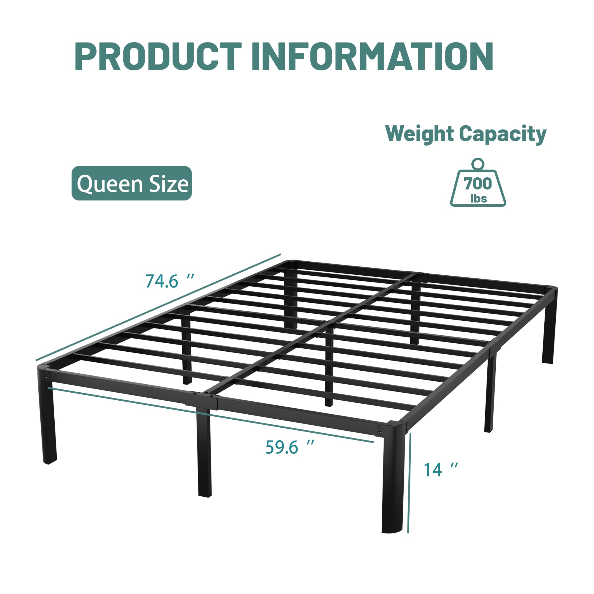 OLALITA Black Metal Bed Frame - Sturdy Metal Platform Bed Frame Queen Size Easy Assembly, Heavy Duty, No Box Spring Needed (Modern 14", Queen)