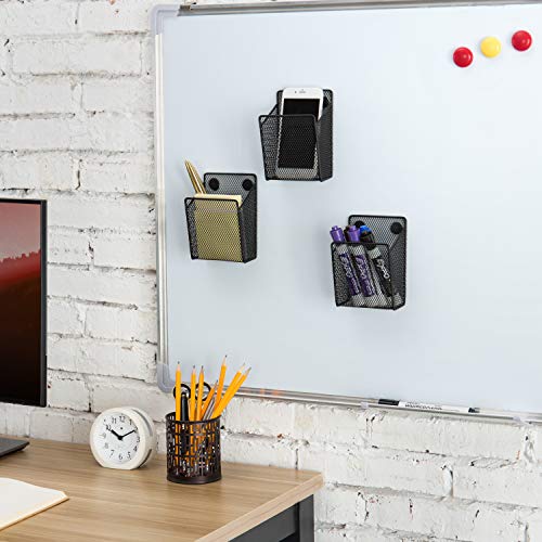 MyGift Black Metal Mesh Magnetic Office Supplies Pen Pencil and Marker Holder, Whiteboard Accesories Storage Basket, School Locker Organizer Accessory Pencil Cup, Set of 3