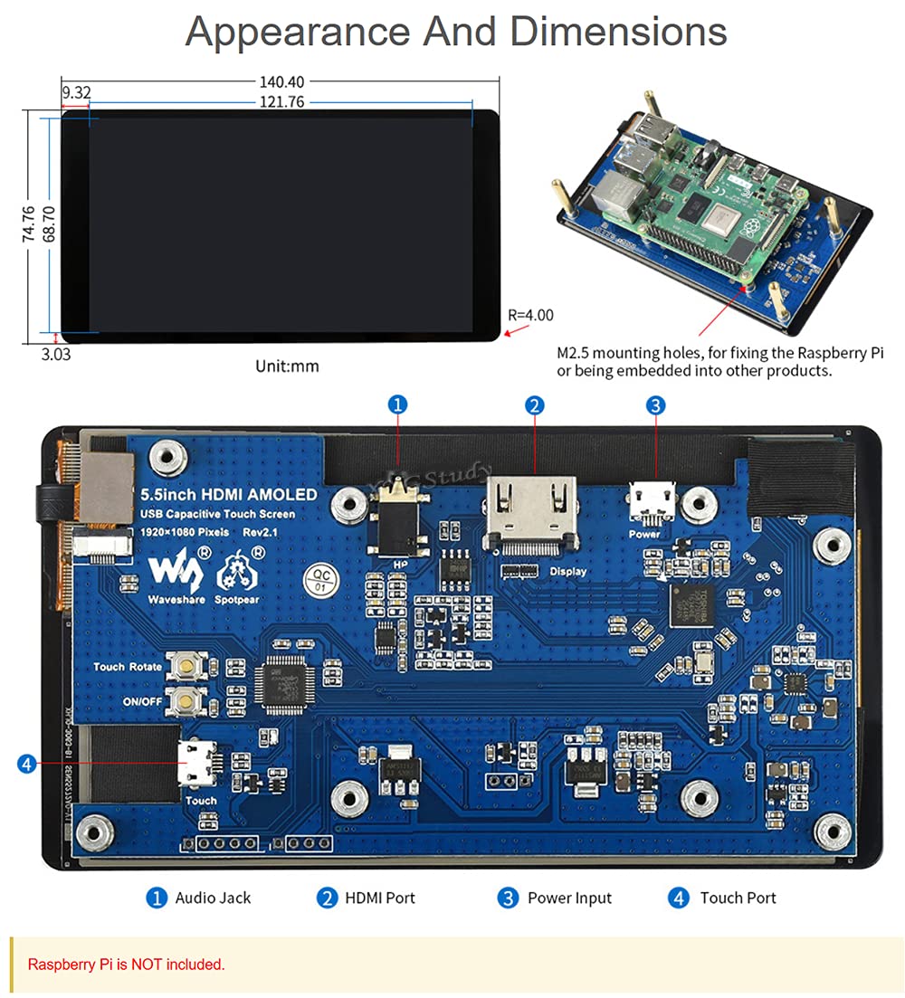 5.5 inch HDMI AMOLED Display with Toughened Glass Cover 1920x1080 Capacitive Touch HDMI Interface Supports Mini PC Raspberry Pi 4 3 2 1 Model B B+ A+ Computer Monitor @XYGStudy