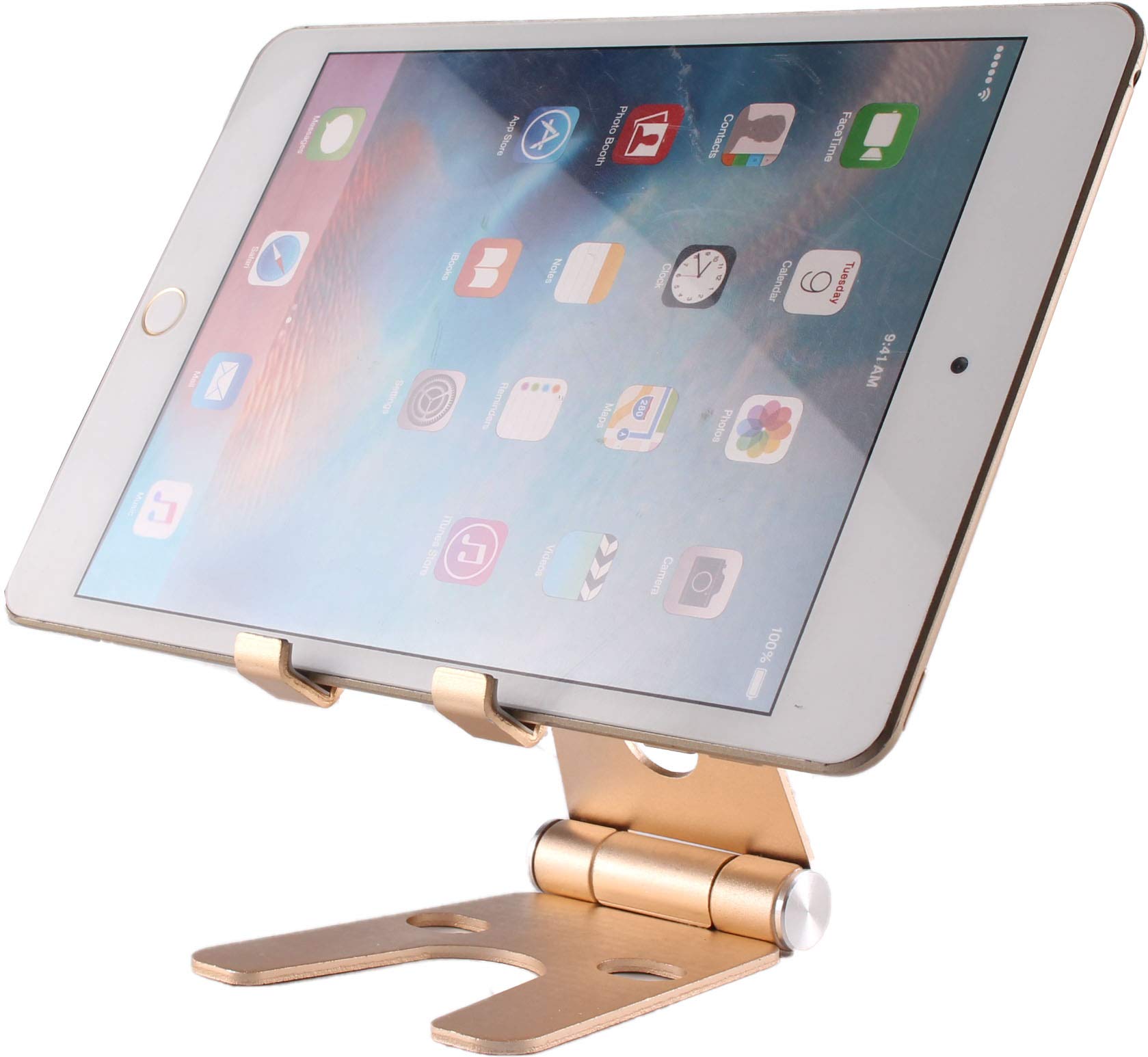Pokanic Cell Phone Tablet Fully Foldable Stand Dock Holder Cradle Mount Organizer Charger Station Table Desk Bed Office School Kitchen Travel Portable Adjustable Multi-Angle Aluminum (Gold)