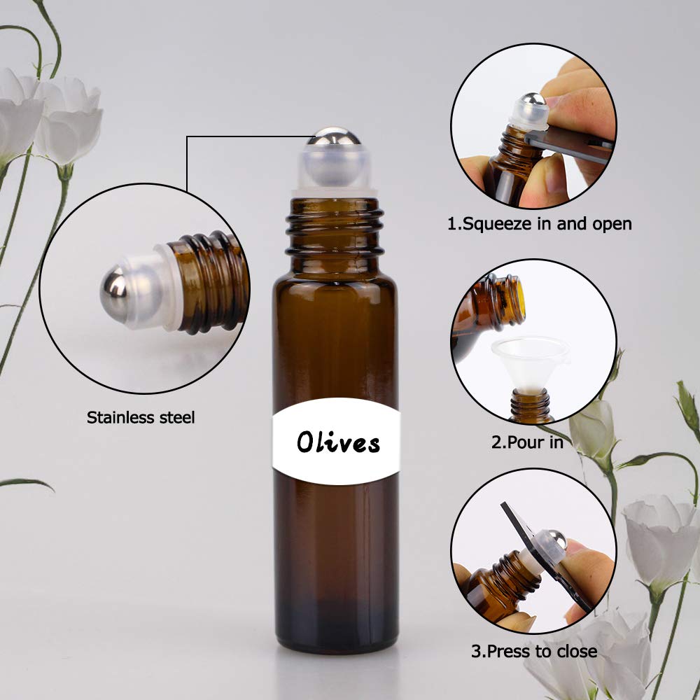 sungwoo 12 Pack Essential Oil Roller Bottles Stainless Steel, 10ml Amber Glass Roller Bottles with Caps for Travel, Perfume and Lip Gloss