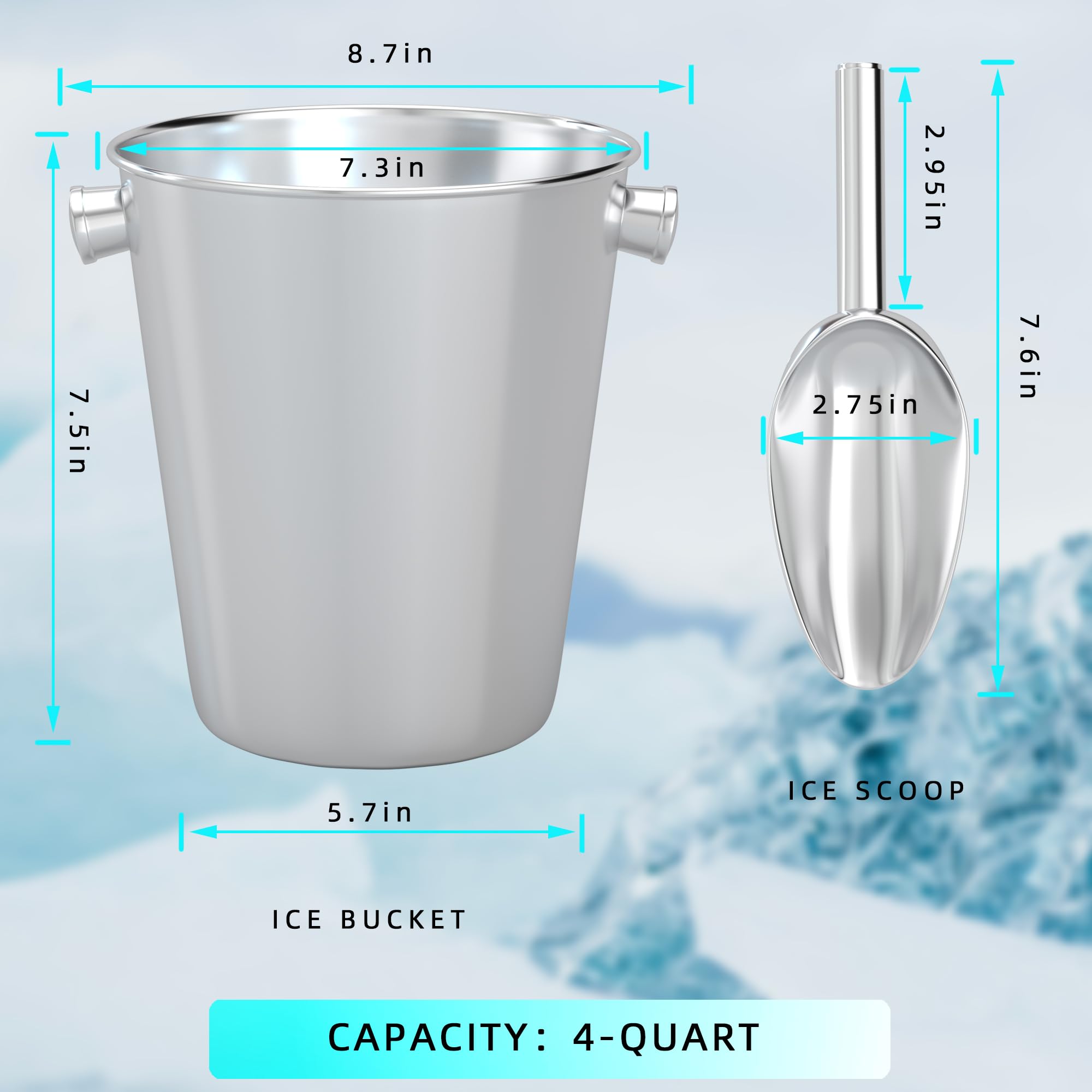 Olmaanseta Champagne Bucket With Ice Scoop,Stainless Steel Wine Bucket For Bar,large Ice Buckets For Parties, Wine Chiller With Handles 4 Quart