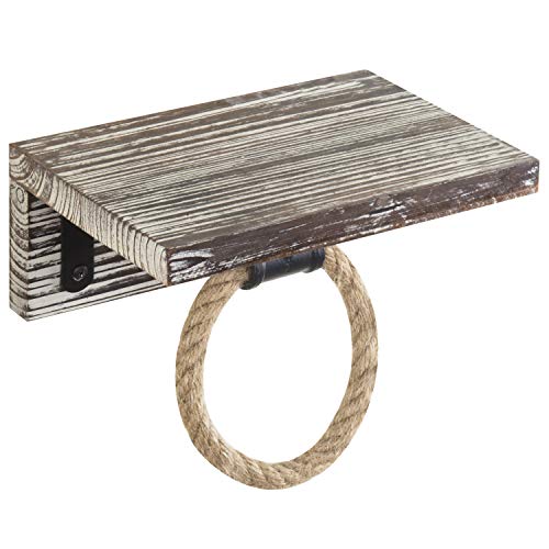 MyGift Industrial Pipe and Rustic Rope Bathroom Towel Ring Holder/Decorative Hand Towel Wall Mounted Rack with Torched Wood Shelf