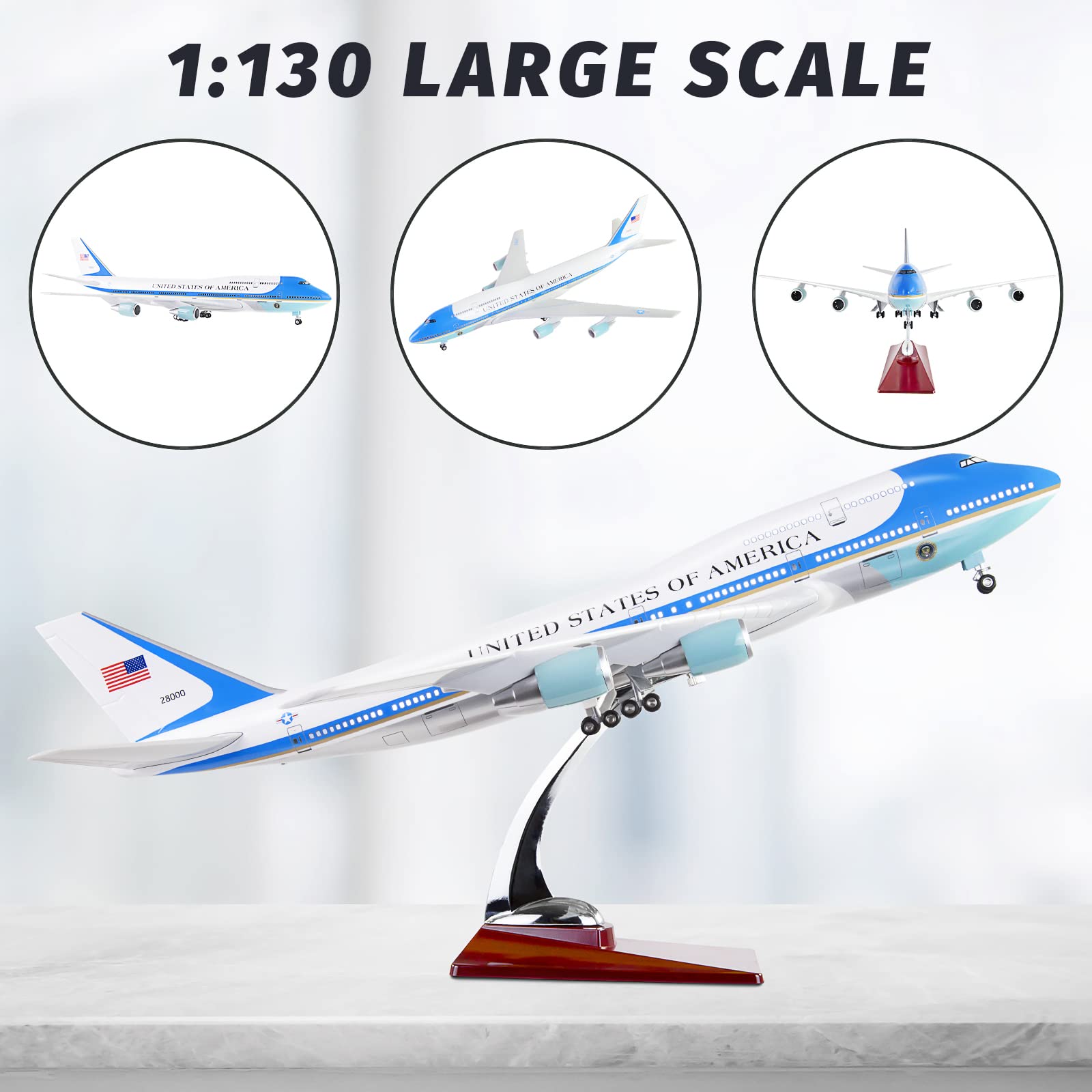 Lose Fun Park 1:130 Scale Large Model Airplane Air Force One Boeing 747 Plane Models Diecast Airplanes with LED Light for Collection or Gift
