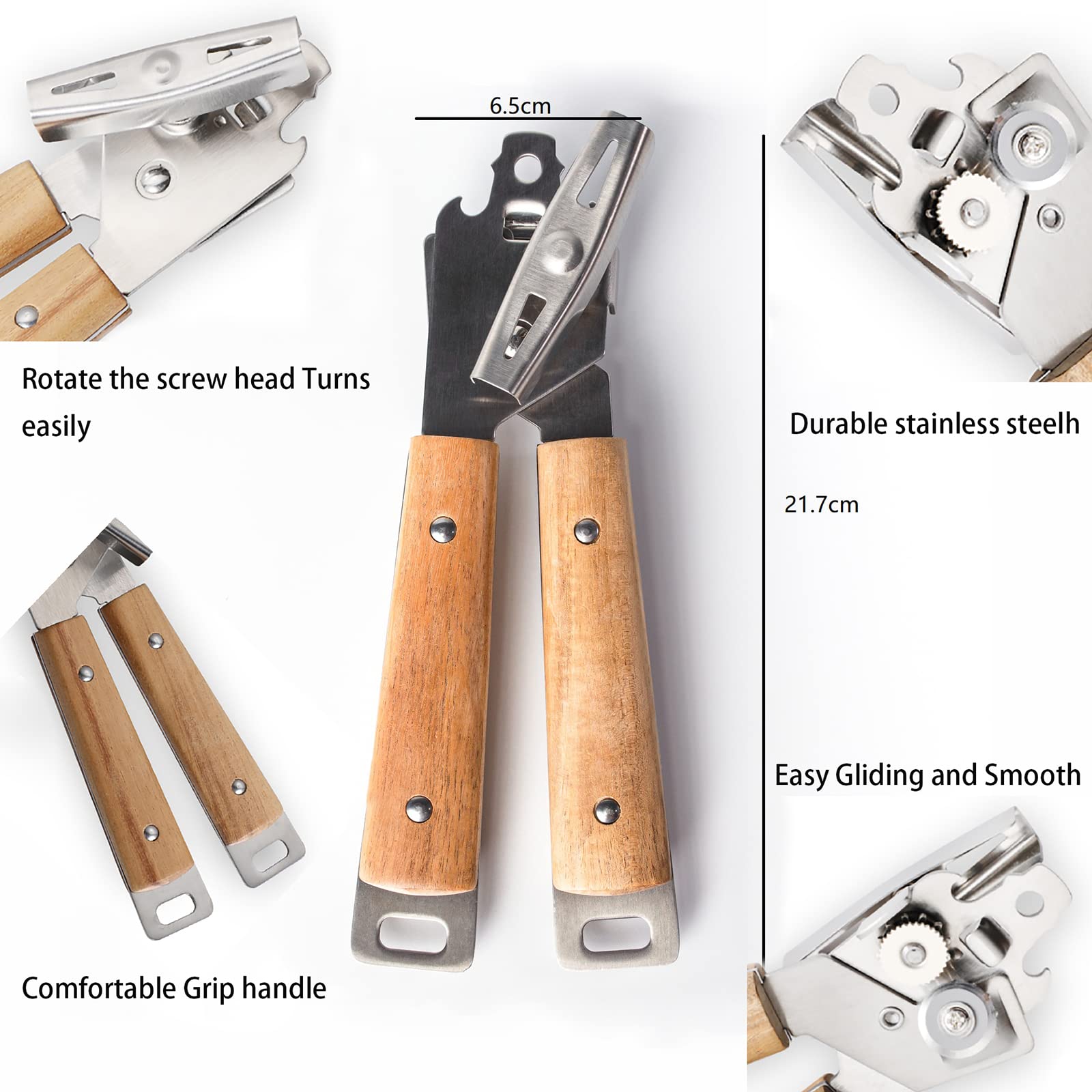 AmJoylst Stainless Steel Can Opener Manual Kitchen Acacia Wooden Handle With Hang Hole Durable (Can opener)