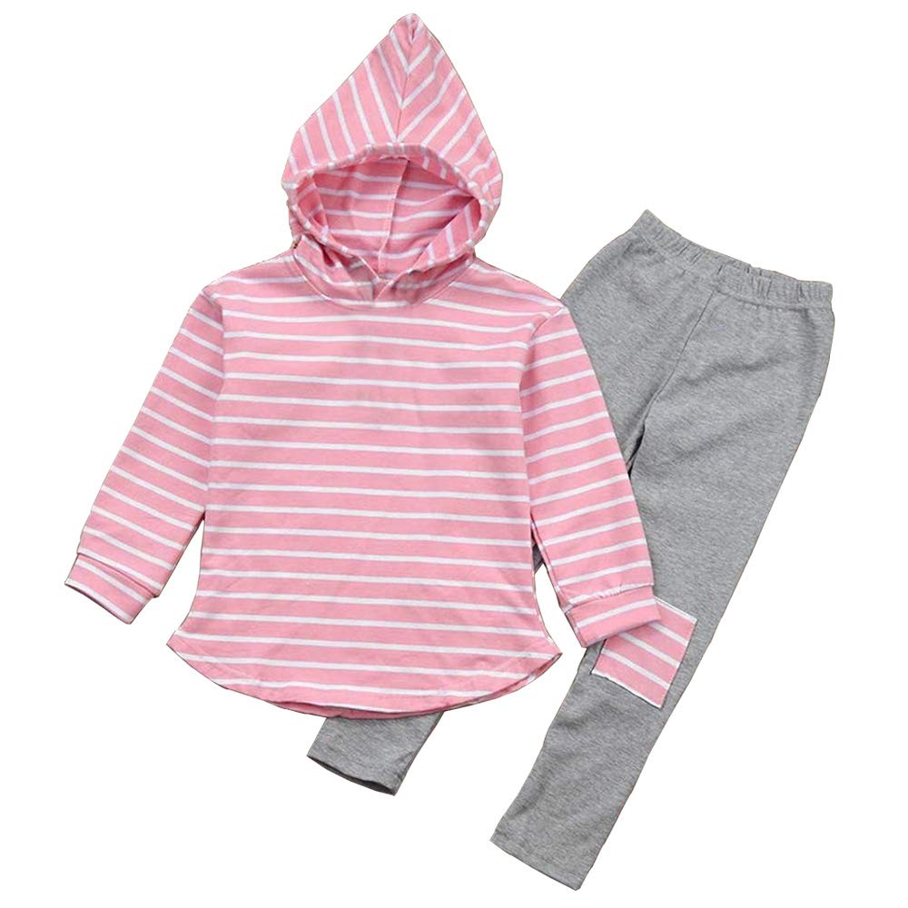 Ritatte Toddler Girl Fall Outfits Striped Hoodie Pants 2PCS Sweatsuit Set Kids Baby Winter Clothes Jogging Suits for 2-6Y (Pink, 110 (4T))