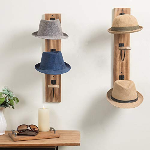 MyGift Wall Mounted Hat Rack, Rustic Burnt Wood Baseball Cap, Hat Hanger Rack with Metal Wire and Wood Hooks, Vertical Mount Coat, Cowboy Hats and Clothes Hanger, Set of 2