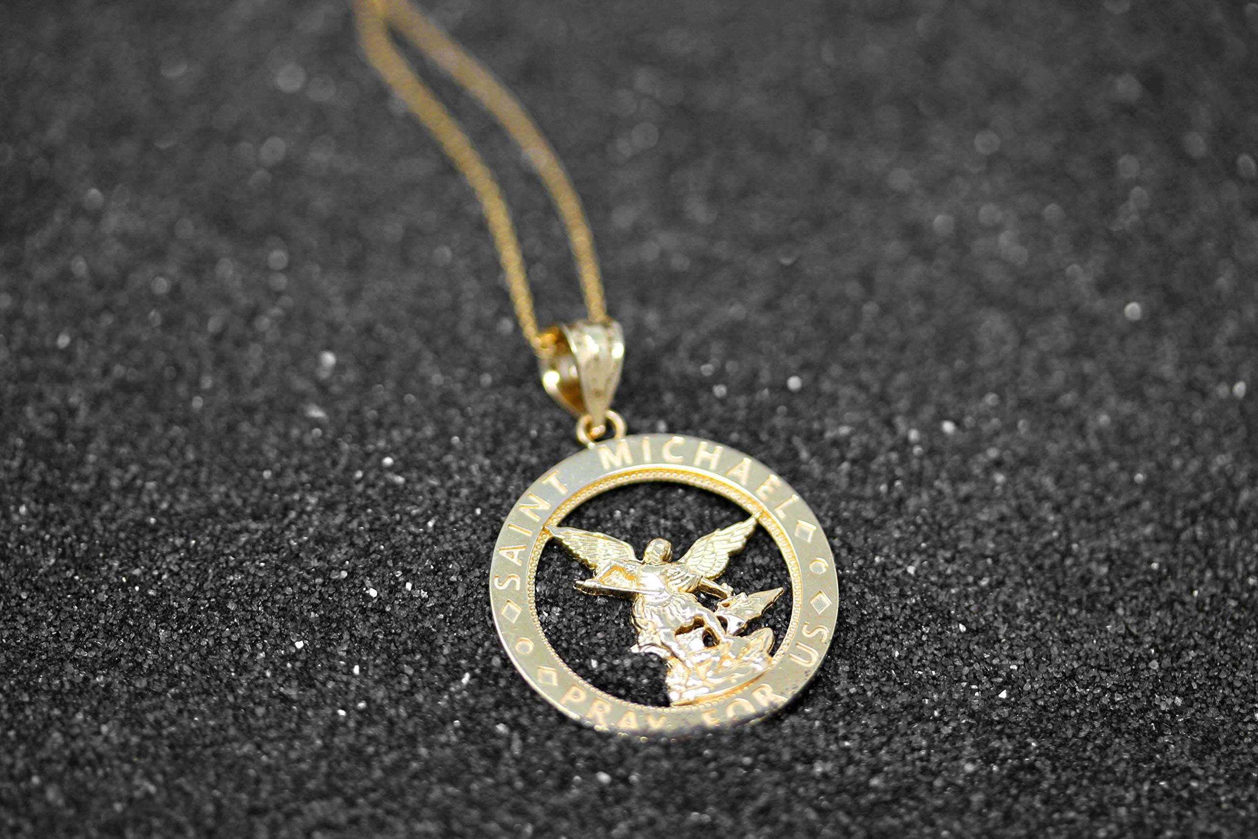 CaliRoseJewelry 14k Saint Michael Pray for Us Round Charm Pendant Necklace in Yellow Gold, 16"