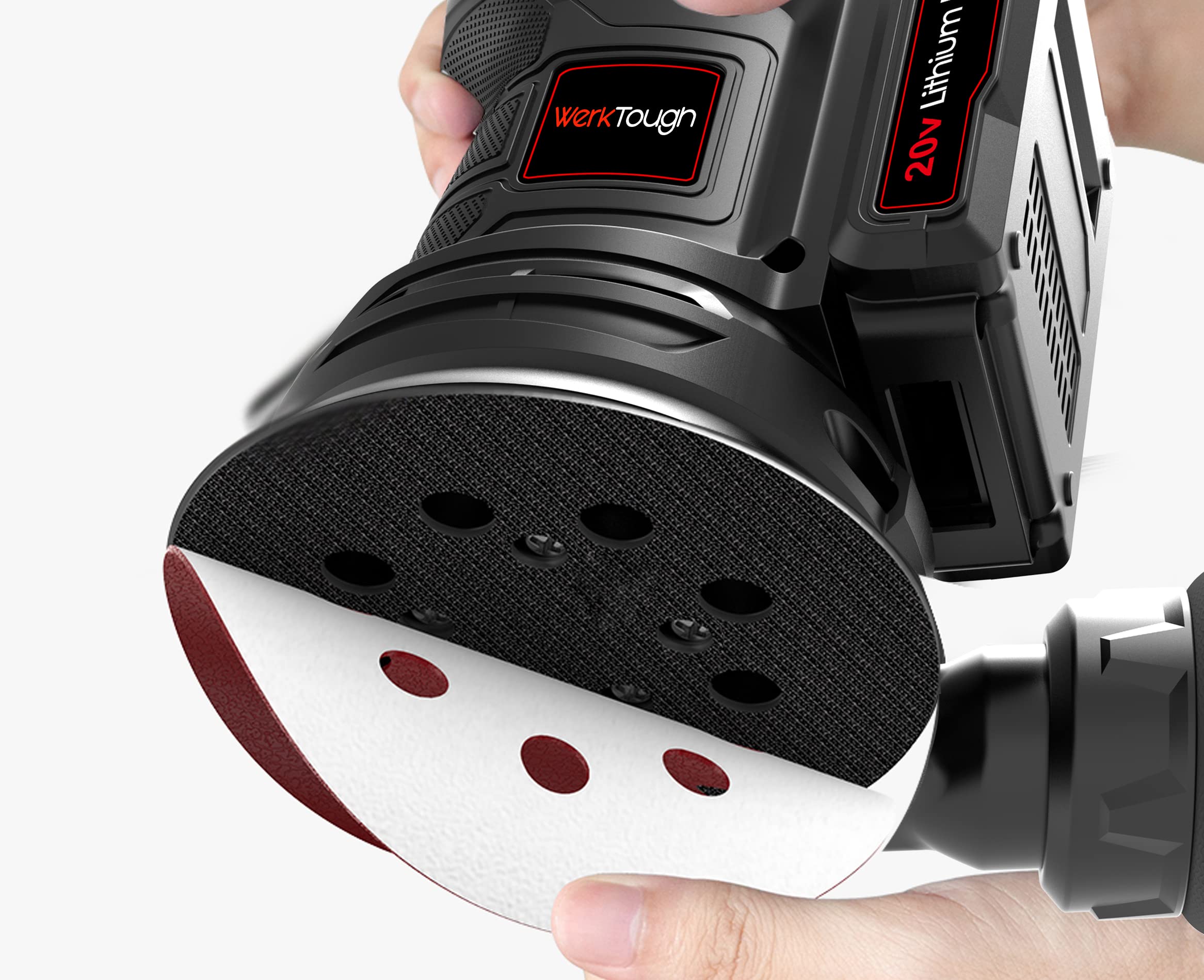 Powertough SA002 20v Cordless Random Orbital Sander 6-step Speed With 2.0A BatteryAnd Fast Charger 1pcs 125 Sander Wheel And 6pcs 125mm Sander Paper With Dust Bag