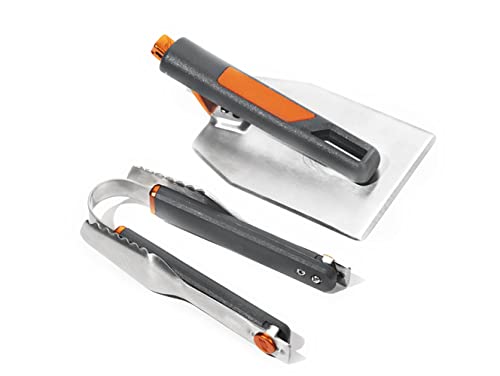 Blackstone 5294 Foldable 2 Piece Hamburger Spatula Flipper and 1 BBQ Tong-Flex Fold Model Stainless Steel-Easy to Carry and Clean Griddle Accessories Tool Set, Black, Orange