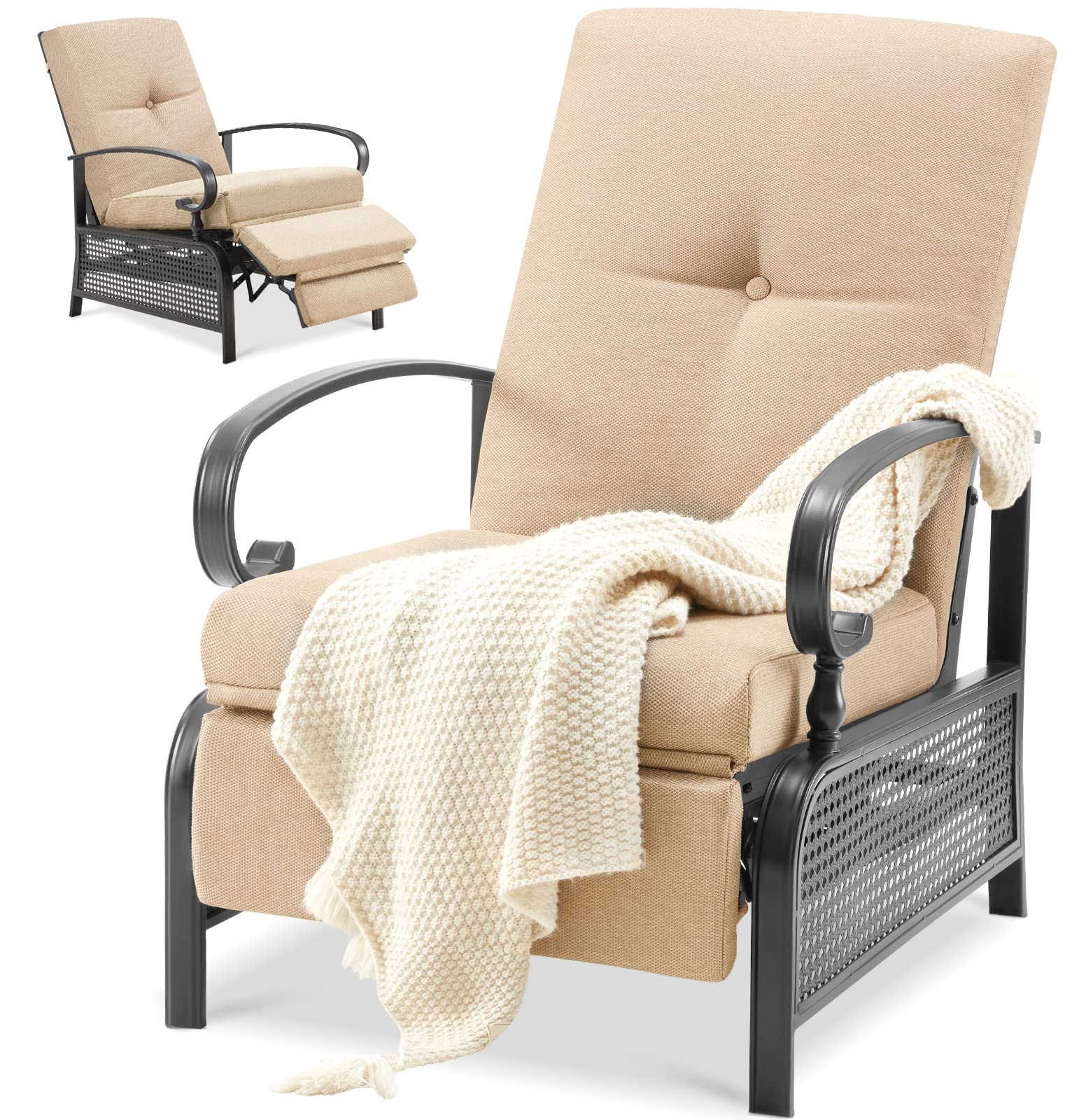 AECOJOY Outdoor Recliner Chair, Patio Outdoor Lounge Chairs with Adjustable Back, Pool Lounge Chairs with Beige Olefin Cushions (Removable)