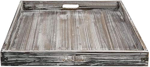 MyGift 19-inch Square Rustic Torched Wood Ottoman Tray with Vintage Metal Side Accent Wraps
