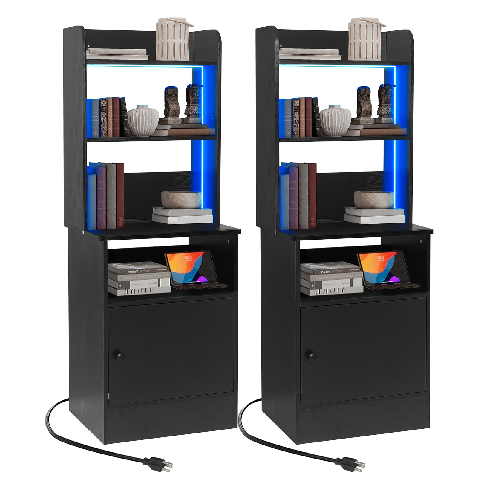 ARTETHYS Tall Nightstand Set of 2 with Charging Station and LED Light 47" Black Night Stand with Storage and Adjustable Bookshelf for Bedroom, Home Office