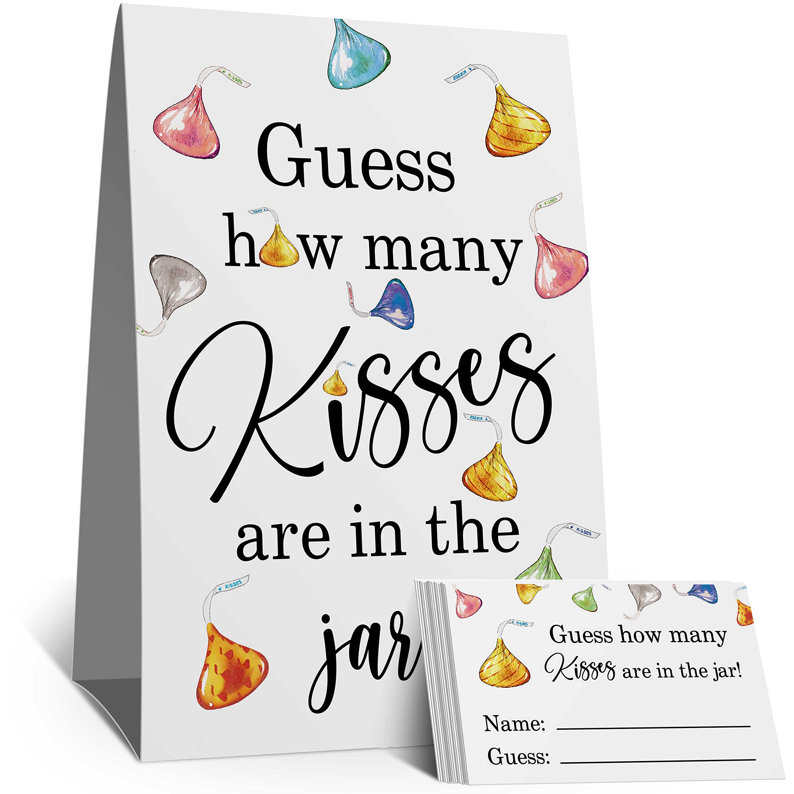 Guess How Many kisses Baby Shower Game, Golden Baby Shower Decorations，Watercolor Chocolate, Bridal Shower, Birthday, Christmas, Thanksgiving，Graduation Season Funny Party Game(1 Sign+50 Cards)