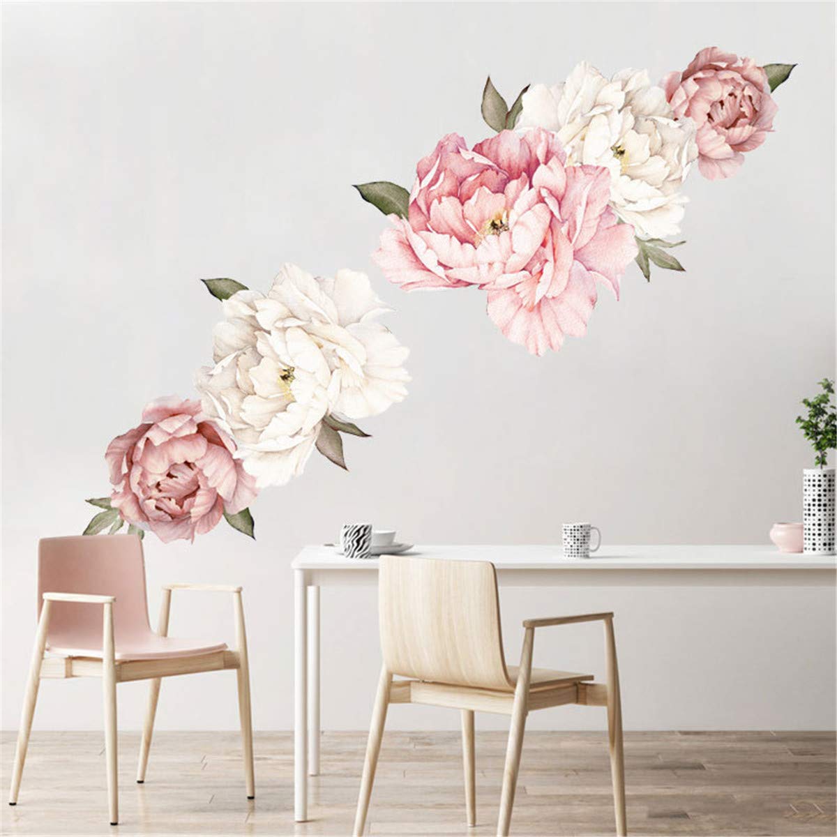 Peony Flowers Wall Sticker Waterproof PVC Rose Flowers Wall Decals Removable Floral Wall Decor Sticker for Living Room Bedroom Nursery Room