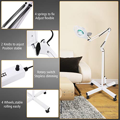 8X Dimmable Magnifying Floor Lamp with 4 Wheel Rolling Base for Estheticians - 2,200 Lumens LED Light with Glass, Lighted Magnifier with Swing Arm for Reading, Craft, Sewing, Hobbies White