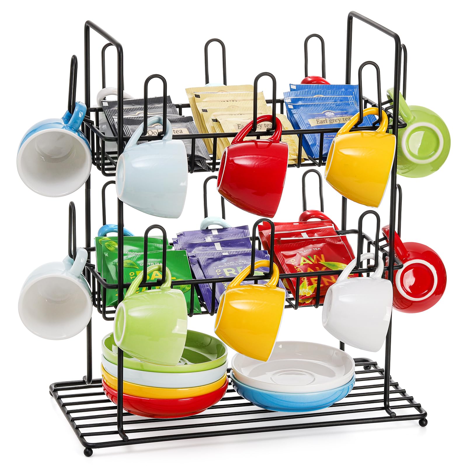 Hedume Coffee Mug Holder Stand, 3 Tier Countertop Metal Double-Side Mug Tree Holder Rack with Storage Shelves, Large Coffee Mug Tree Rack for 16 Mugs, Counter Cup Organizer with Storage Base
