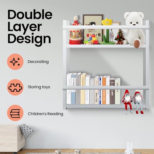 YLYHSST Nursery Floating Shelves 24 Inch Solid Wood Bookshelf, Suitable for Kids Room, Nursery. Double Decker Toys Storage, Kitchen Spice Rack, White