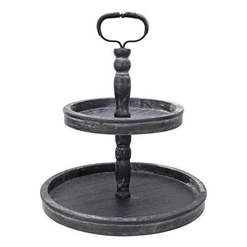 Bdor Rustic Black Tiered Tray with Medal Handle, 14.5x14.5x16, Two Tiered Tray for Farmhouse Decor, Fall Decor, Halloween Decorations Indoor, Christmas Decor. Food Fruits Cupcake Display, Home Party.