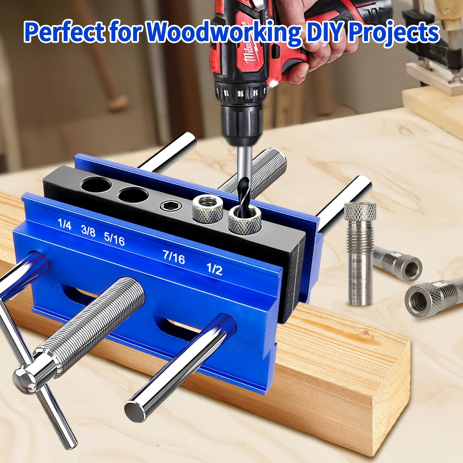 6.7 Inch Self Centering Dowel Jig, Self Centering Doweling Jig Kit with 6 Drill Guide Bushings & 3 Drill Bits, Adjustable Width Dowel Jig Kit Woodworking Tools for Straight Holes Biscuit Joiner Set