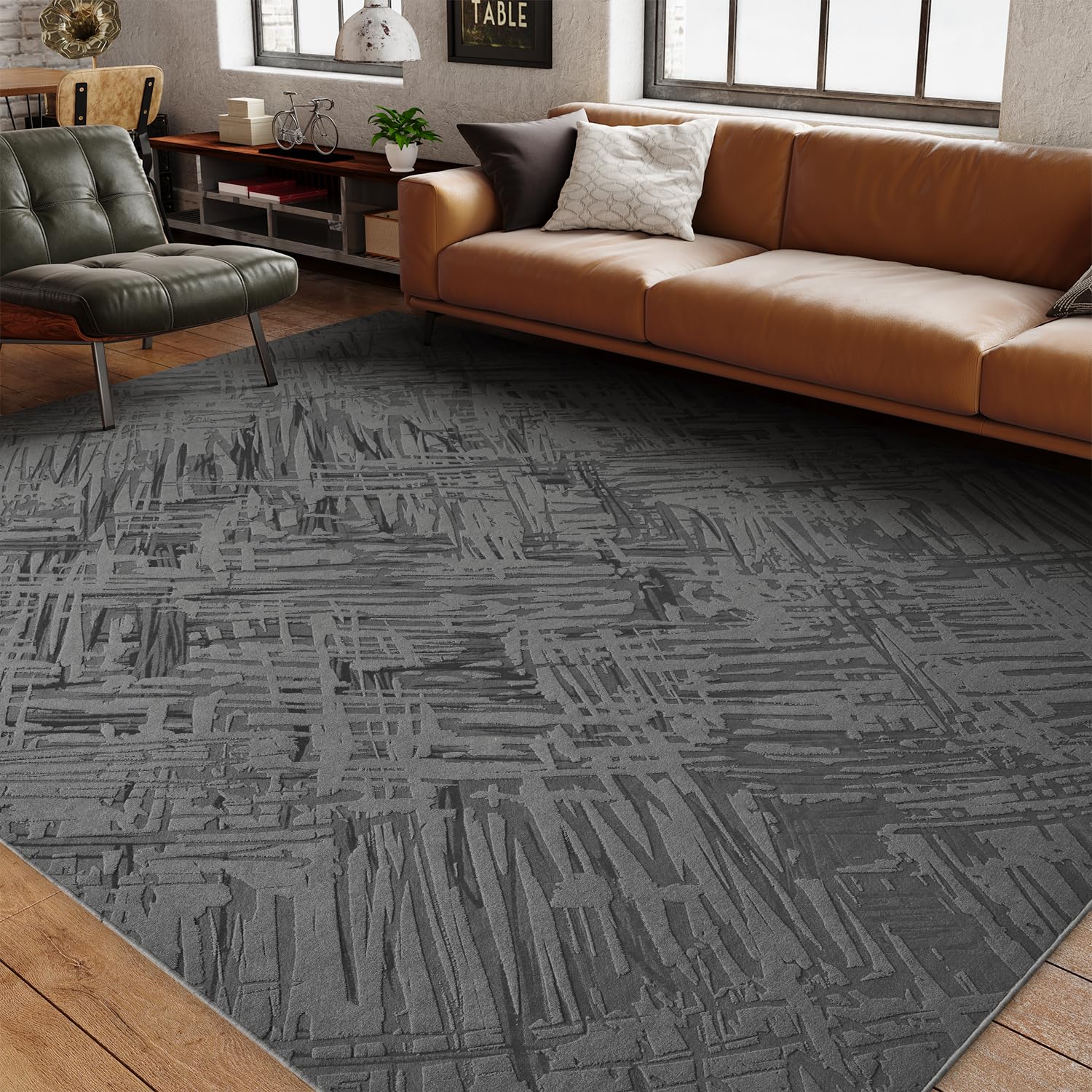 AMOAMI 3D Modern 5x7 Area Rugs Machine Washable Area Rug Non Slip Dark Grey Rugs for Living Room Super Soft Living Room Rug Room Decor Aesthetic Rugs for Bedroom,Office,Dining Room, Kids Playroom