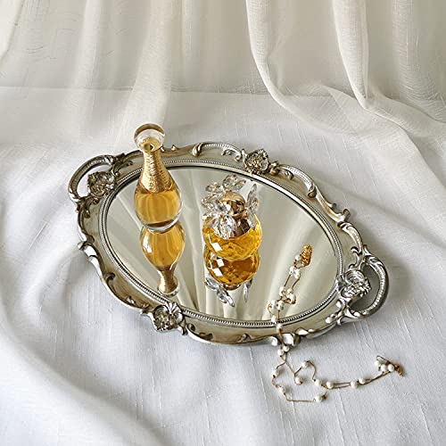 Yamfurga Oval Decorative Mirror Tray, French Style, Makeup Organizer, Jewelry Organizer, Serving Tray, 9.8"x 14.6", Golden Silver
