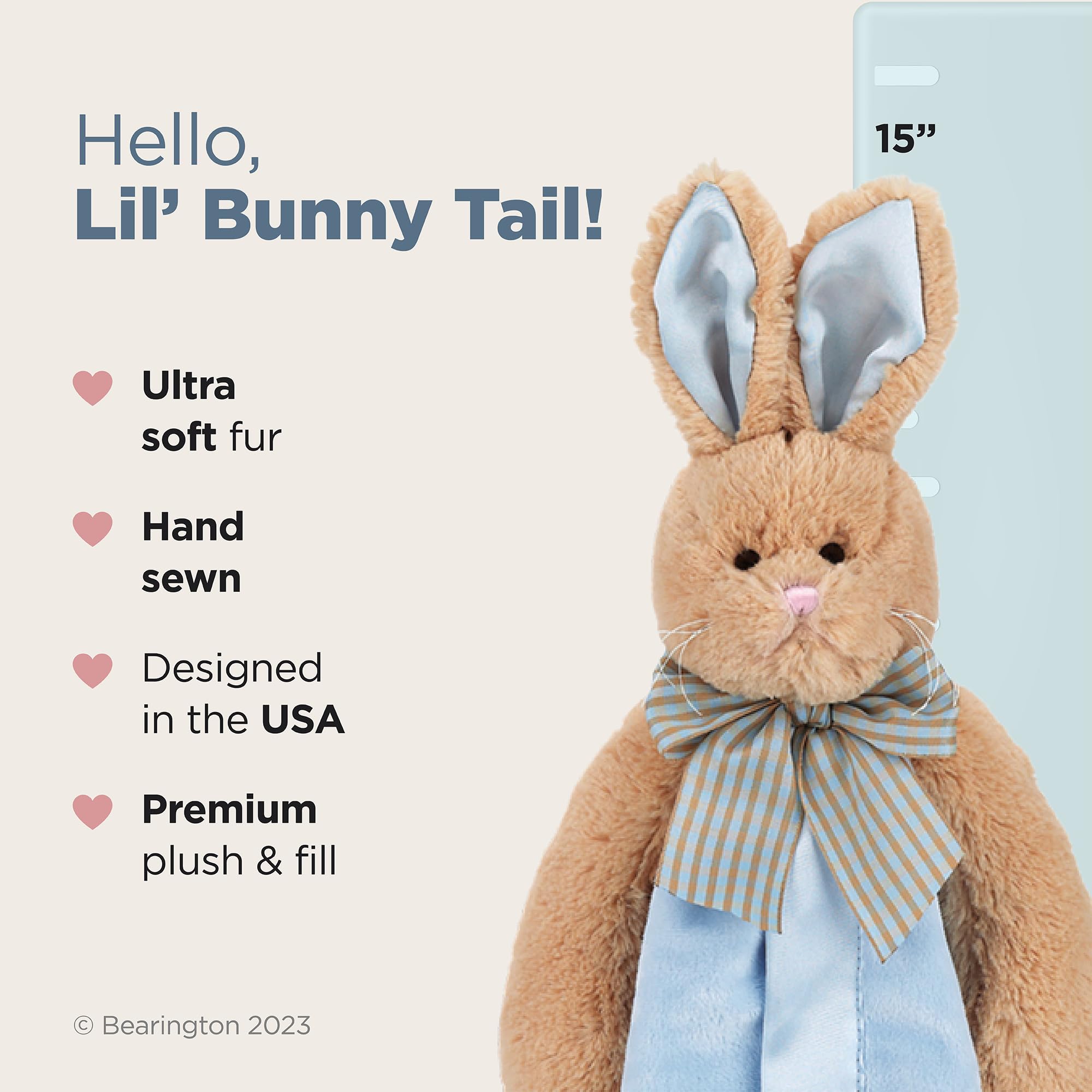 Bearington Baby Bunny Tail Snuggler, 15 Inch Blue Rabbit Plush Stuffed Animal Security Blanket Lovey for Babies