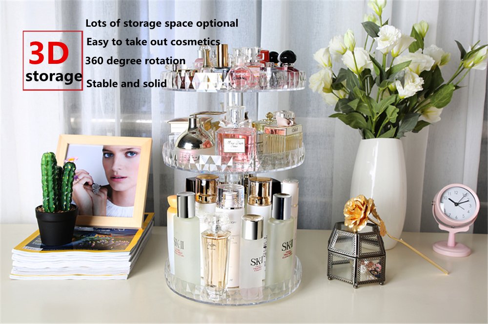 BOTIDE Diamond Pattern Three Layers Perfume Organizer, 360 Rotating Diamond Cosmetic Storage Box Transparent Acrylic Swivel Shelf Desktop Skin Care Product Dresser Finishing, Plus Size