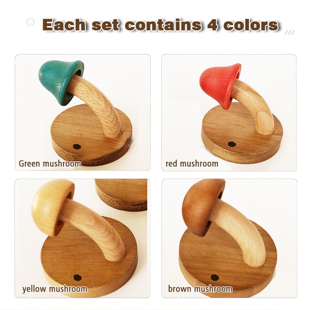 Auntzyj Wooden Mushroom Coat Hooks, Wall Mounted Towel Hanger, Solid Wood, Colorful, Set of Hooks with Screws (4 Hooks & 8 Screws)