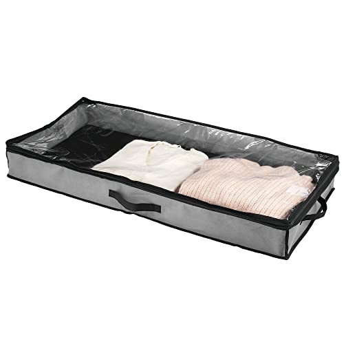 mDesign Soft Fabric Under Bed Storage Organizer Holder Bag for Clothing, Accessories, Boots - Easy-View Top Panel, 2-Way Zippered Lid, Side Handles, 2 Pack - Charcoal Gray/Black