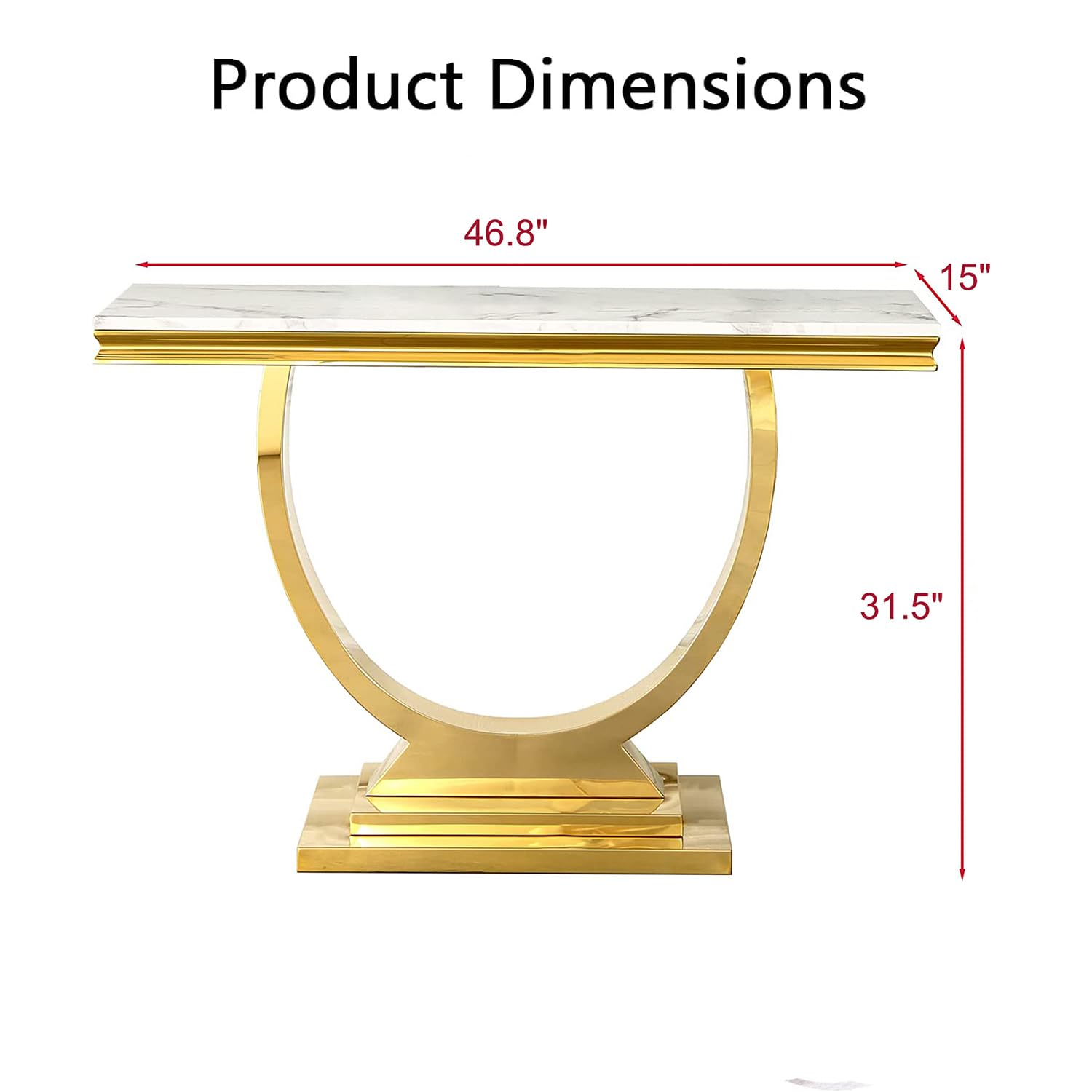 47 Inch Marble Console Table w/Gold U-Shaped Stainless Steel Base Mid-Century Modern Entryway Table for Living Room Hallway Luxury Foyer Table Sofa Table witn High Glossy Finish (White&Gold)