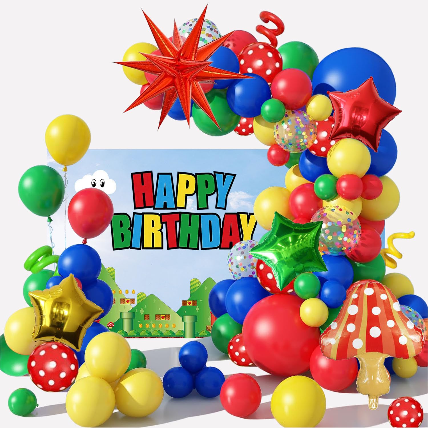 af-tigonhw Red Blue Yellow Green Balloon Garland Arch Kit, Mushroom Star Foil Balloons Color Carnival Circus Balloons for Mario Birthday Carnival Circus Party Decorations
