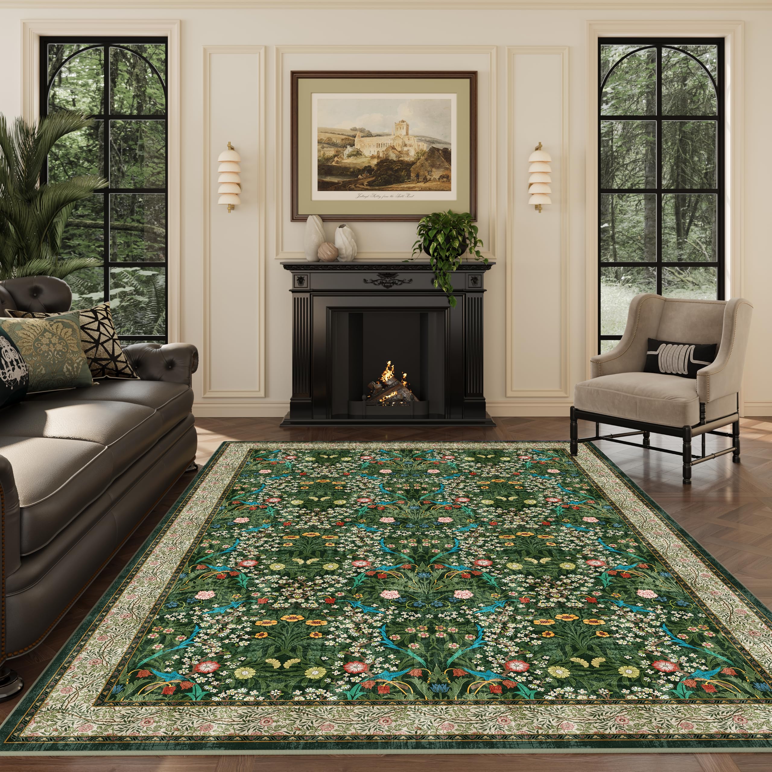 8 X10 Area Rugs for Living Room, Machine Washable Rug for Bedroom, Green Rug Non-Slip for Hardwood Carpet, Vintage Soft Low-Pile Throw Rugs for Dining Room, Kitchen, Entryway, and Dorm