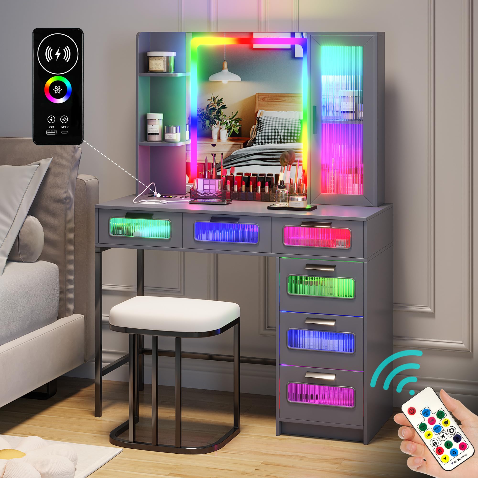 SKKTKT RGB LED White Vanity Desk with Mirror and Lights, 39.5" Makeup Vanity Table with Auto Sensor Flow Dazzling Lights and Wireless/USB/Type C Charging, Dressing Table with Stool and 6 Drawers