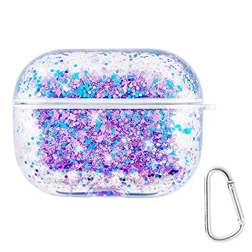 uCOLOR Purple Blue Glitter Waterfall Case for AirPods Pro 2019 360 Full Protective Shockproof Portable Cover with Key Chain for Earphone AirPods Pro Charging Case