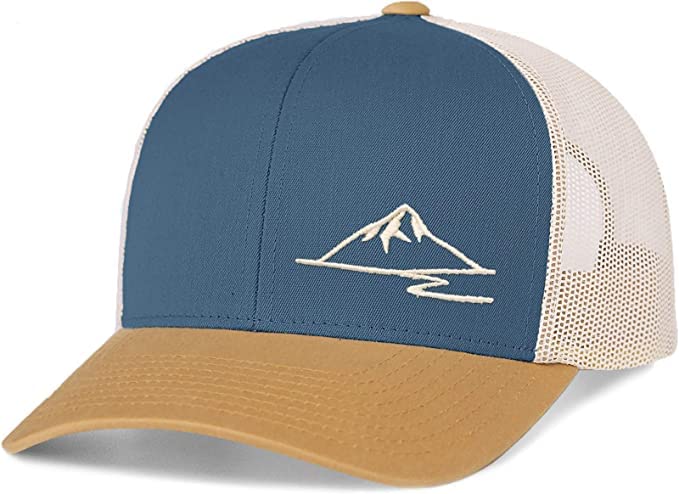 44N, Snapback Trucker Hat, Mountain (Ocean Blue/Amber Gold/Beige)