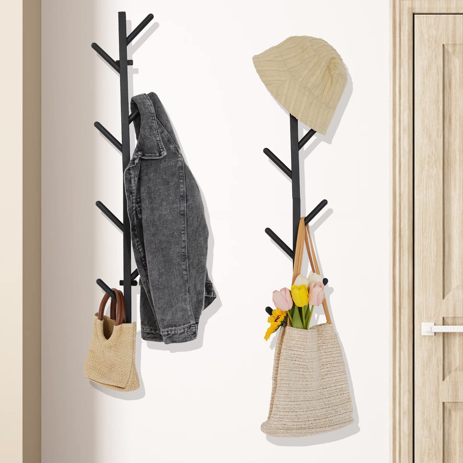 FANTAKI Coat Rack Wall Mount Set of 2, Black Metal Vertical Hat Rack for Wall, Floating Coat Racks for Jackets/Bags/Scarves, Coat Hanger Wall Mount for Entryway/Office/Hallway/Bathroom