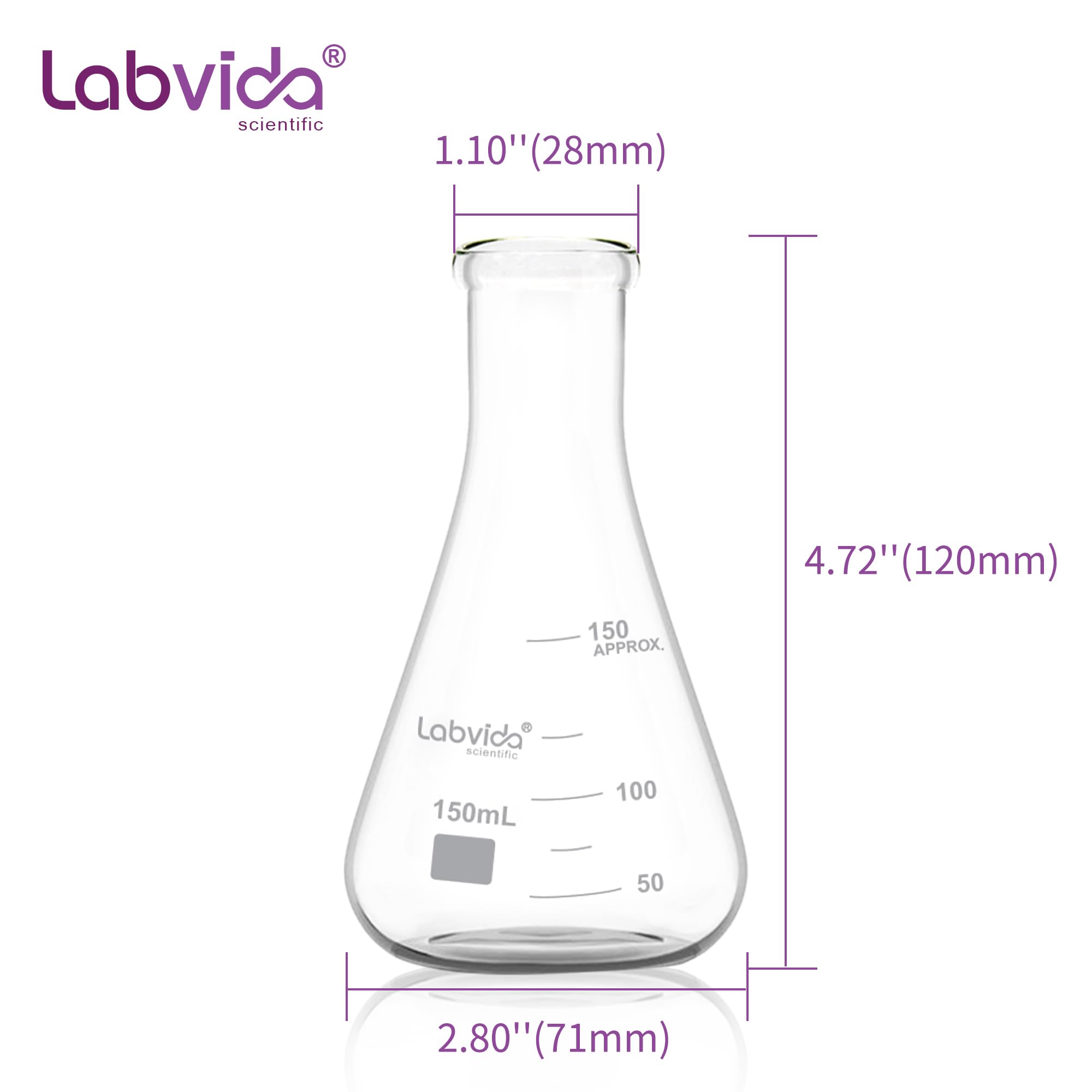Labvida 6pcs of Narrow Mouth Glass Erlenmeyer Flasks, Vol.150ml, 3.3 Borocilicate with Printed Graduation, LVC002
