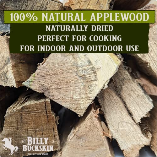 Applewood Cooking Wood for Wood Fire | Apple Firewood Logs | Fruity Flavors, Includes Apple Chips and Fatwood Firestarter Sticks | by Billy Buckskin Co.