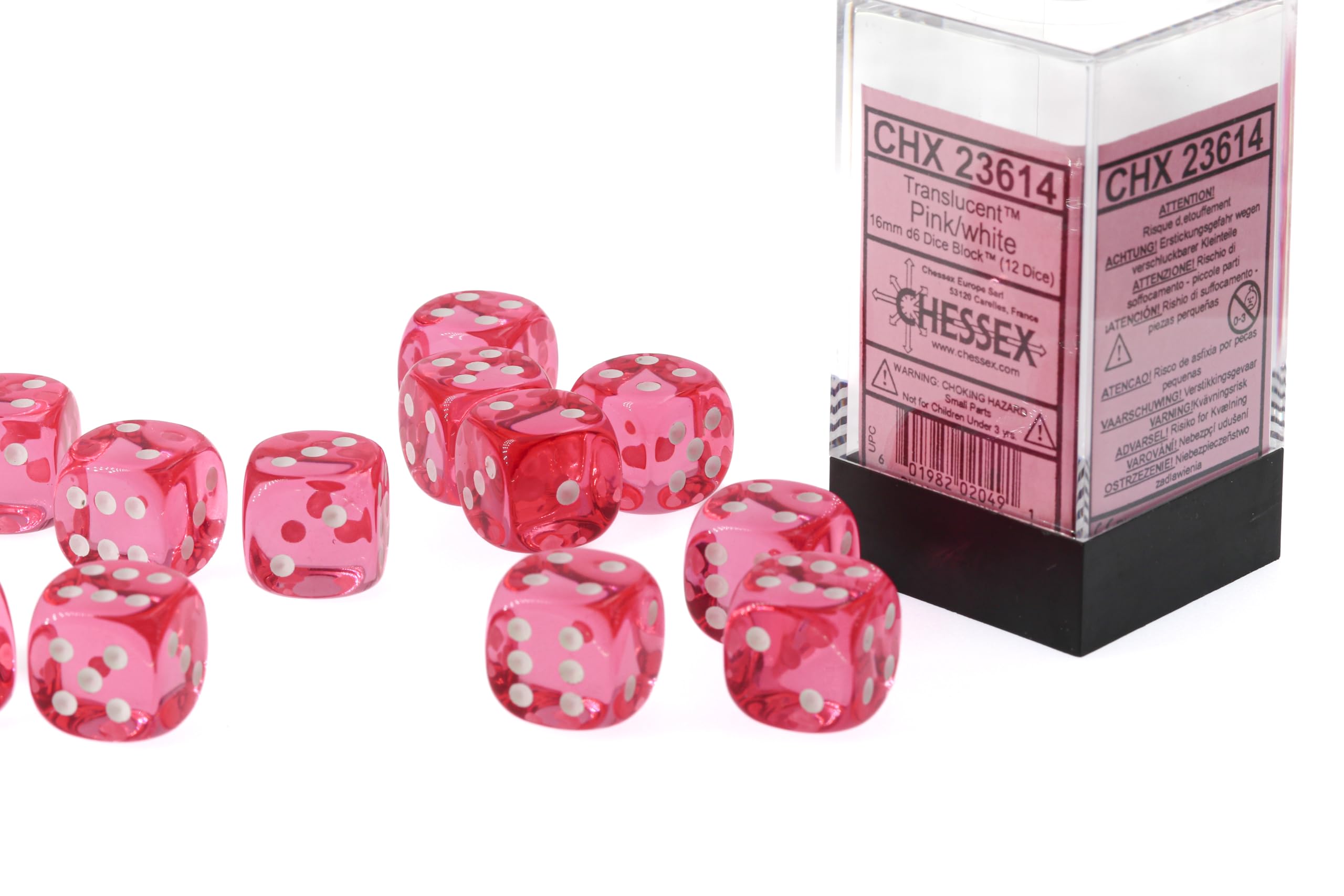 Chessex Polyhedral Translucent 12-Die Set, 16mm 6D Pink/White Dice for Dungeons and Dragons (DND), Role Playing Games, MTG, Pathfinder, Table Game, Board Games