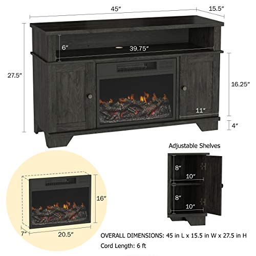 45-Inch Long Electric Fireplace TV Stand Entertainment Center Console with Remote, LED Flames, Adjustable Heat by Northwest (Black)