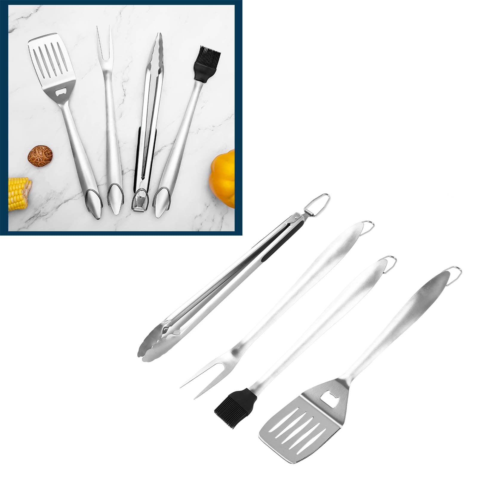 4Pcs Grill Tools, Stainless Steel Grill Tool Set Hook Design Bbq Tool Set Portable Bbq Tools Sturdy Grilling Tools Set for Outdoor, Cooking, Camping, Grilling