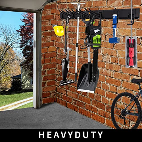 Garage Tool Organizer Wall Mount, 11 PCS Garden Tool Rack Garage Storage, 8 Heavy Duty Adjustable Hooks Steel and 3 Rails Aluminum, 450 LBS Max Load